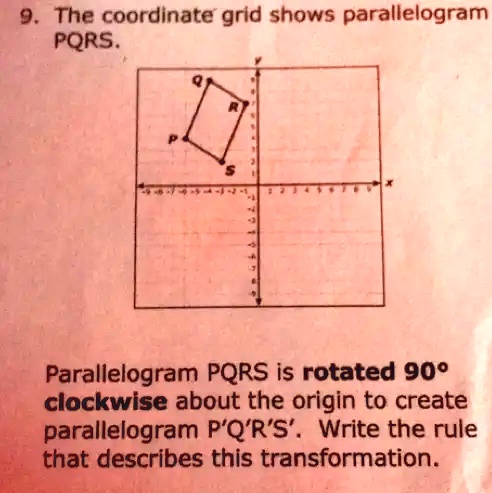 9. The coordinate grid shows parallelogram PQRS. Parallelogram PQRS is rotated 90° clockwise ...