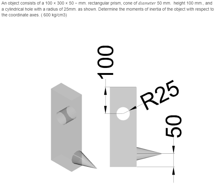 An object consists of a 100 x 300 x 50 mm. rectangular prism, cone of ...