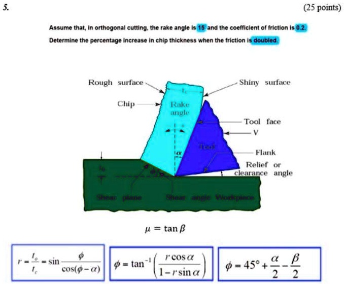 5. 25 points Assume that, in orthogonal cutting. the rake angle Is 15 ...