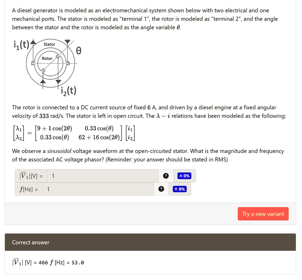 SOLVED: A diesel generator is modeled as an electromechanical system ...