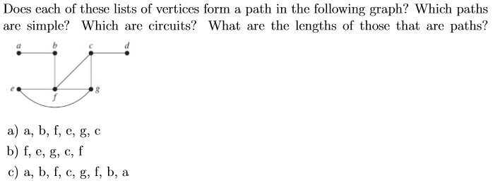 SOLVED: Does cach of these lists of vertices form a path in the following graph? Which paths aTC ...
