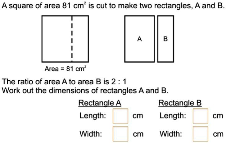 SOLVED: A square of 81 cmÂ² is cut to make two rectangles, A and B. The ratio of the area of A ...