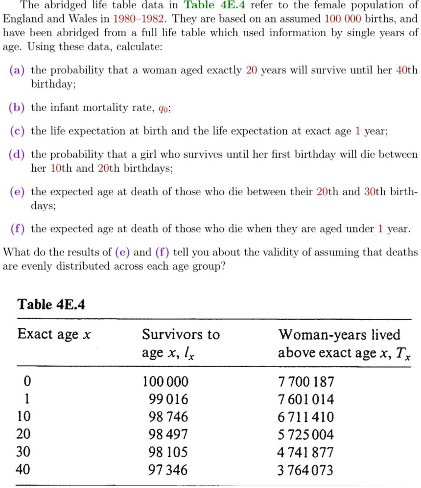 The abridged life table data in Table 4E.4 refer to the female ...