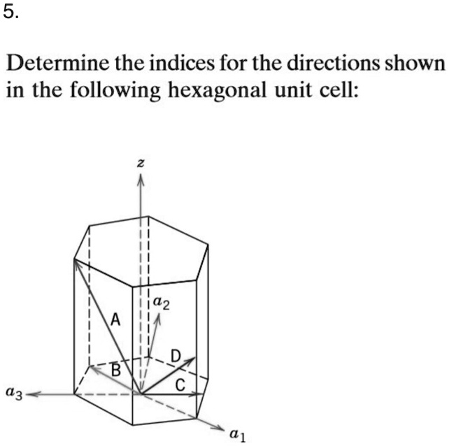 5. Determine the indices for the directions shown in the following hexagonal unit cell: D B