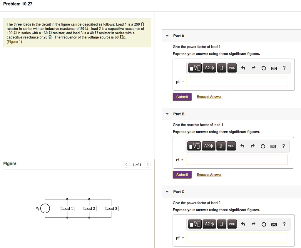 SOLVED: Problem 10.27 The three loads in the circuit in the figure can be described as follows ...