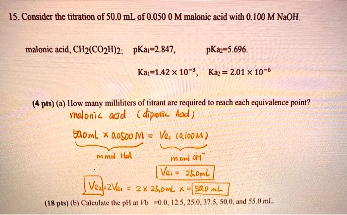 SOLVED: 15. Consider the titration of 50.0 mL of 0.0500 M malonic acid with 0.100 M NaOH ...