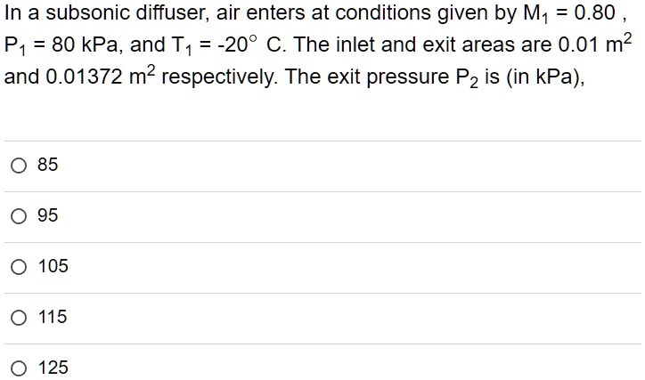 SOLVED: In a subsonic diffuser, air enters at conditions given by M1 = 0.80 P, = 80 kPa, and T ...