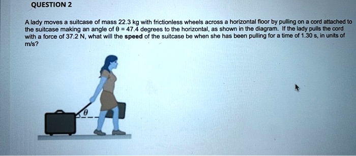 A lady moves a suitcase of mass 22.3 kg with frictionless...