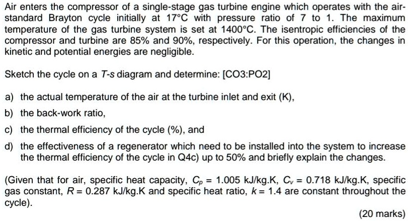 Air enters the compressor of a single-stage gas turbine engine which ...