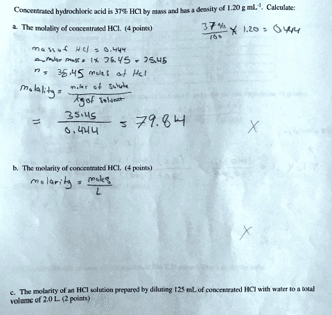 SOLVED: ' Concentrated hydrochloric acid is 37% HCI by mass and has a density of 1.20 g mL^-1 ...
