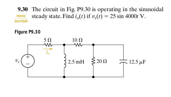 SOLVED: The circuit in Figure P9.30 is operating in the sinusoidal steady state. Find io(t) if ...