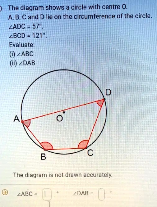 The diagram shows a circle with centre O. A, B, C and D lie on the circumference of the circle ...
