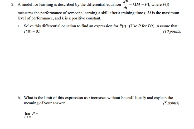 a model for learning is described by the differential equation 4p km p ...