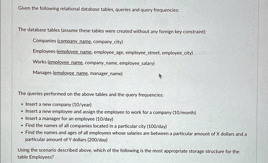 Solved Given The Following Relational Database Tables Queries And Query Frequencies The