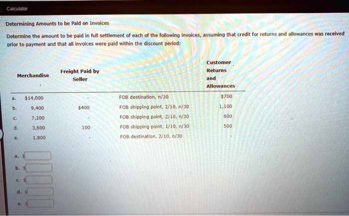 SOLVED: Calculator Determining Amounts to be Paid on Invoices Determine the amount to be paid in ...