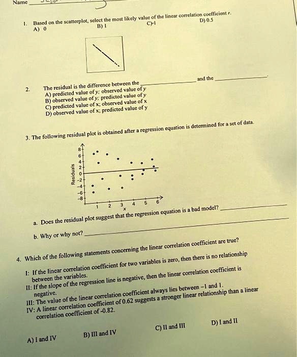 SOLVED: Texts: 1. Name: Based on the scatterplot, select the most likely value of the linear ...