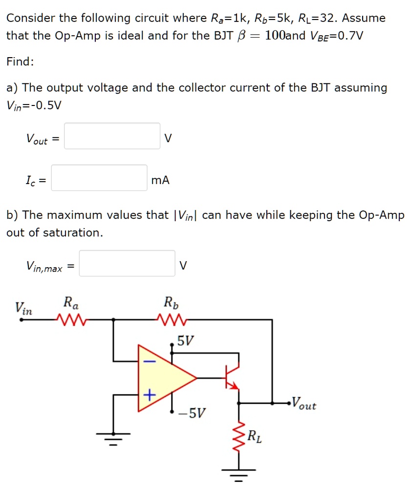 Consider the following circuit where Ra=1k, Rb=5k, RL=32. Assume that the Op-Amp is ideal and ...