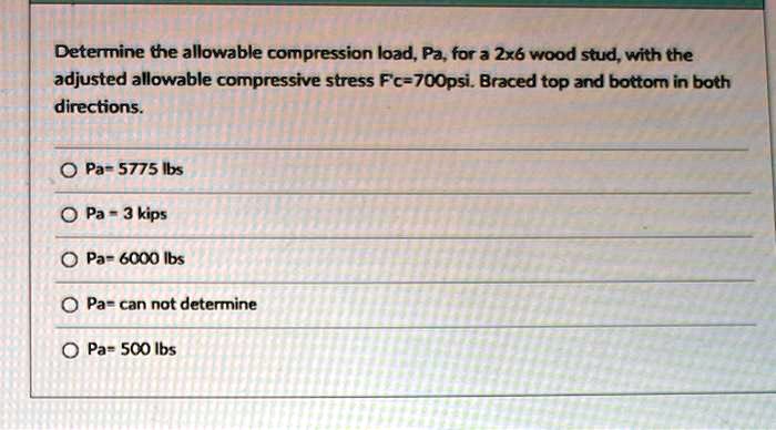 Determine the allowable compression load, Pa, for a 2x6 wood stud, with the adjusted allowable ...