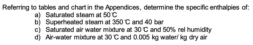 SOLVED: Referring to tables and chart in the Appendices, determine the specific enthalpies of: a ...
