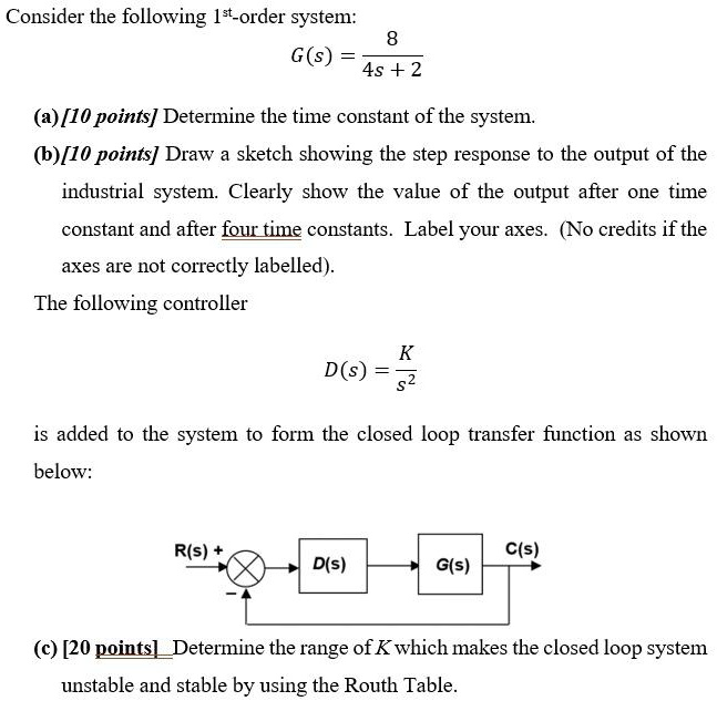 Consider the following 1st-order system: G(s) = (8)/(4s + 2) (a) [10 points] Determine the time ...