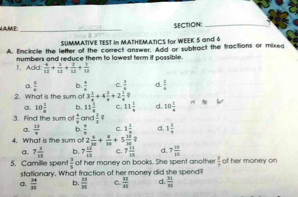 pakisagot naman po please jame section summative test in mathematics ...