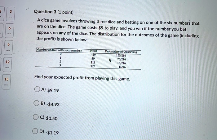 question 3 1 point dice game involves throwing three dice and betting on one of the six numbers ...