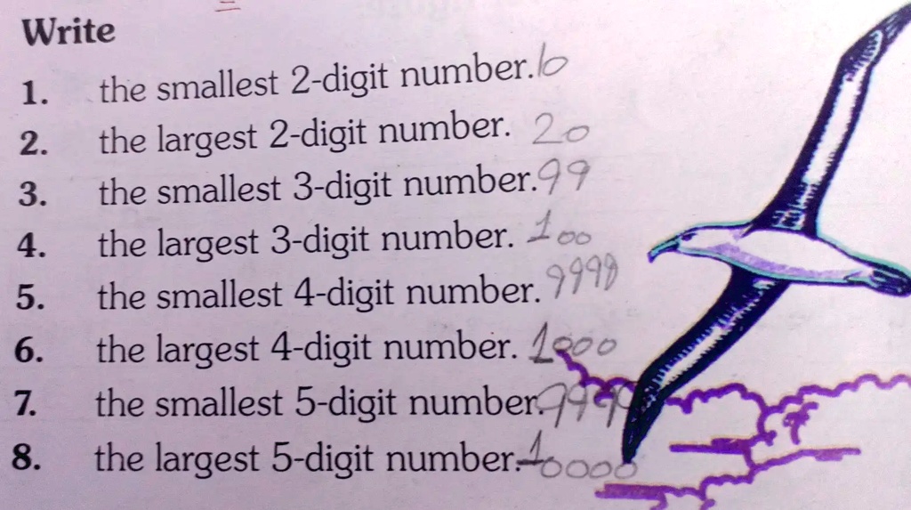 SOLVED: Write the smallest 2-digit number. 1. 2 the largest 2-digit number: 99 3. the smallest 3 ...