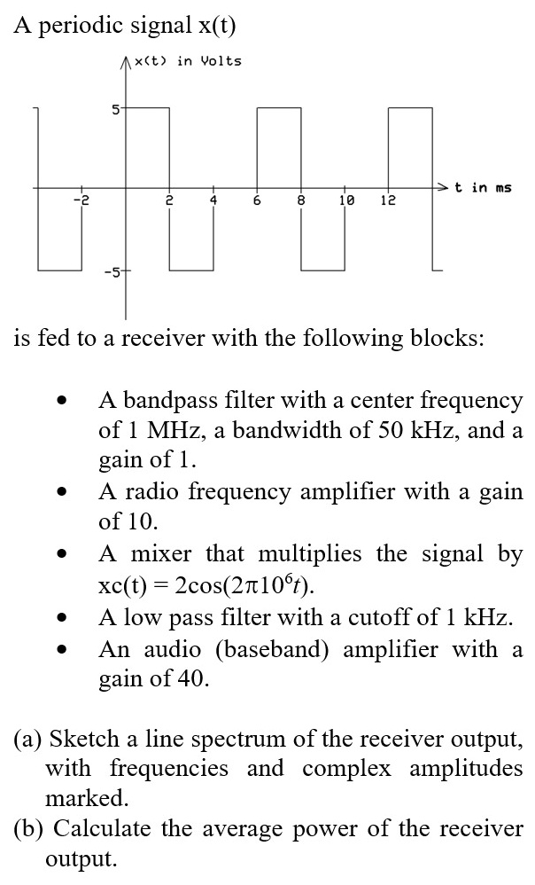 SOLVED: periodic signal x(t) x(t) in Volts in ms 12 is fed to receiver with the following blocks ...
