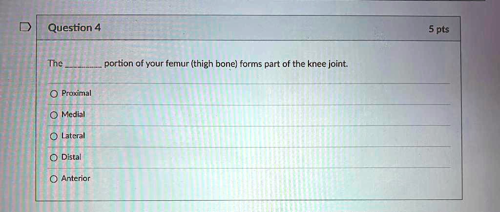 SOLVED: The portion of your femur (thigh bone) forms part of the knee ...