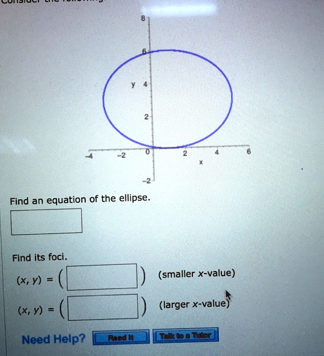SOLVED: Find an equation of the ellipse. Find its foci. (smaller X-value) (x, Y) (larger X-value ...