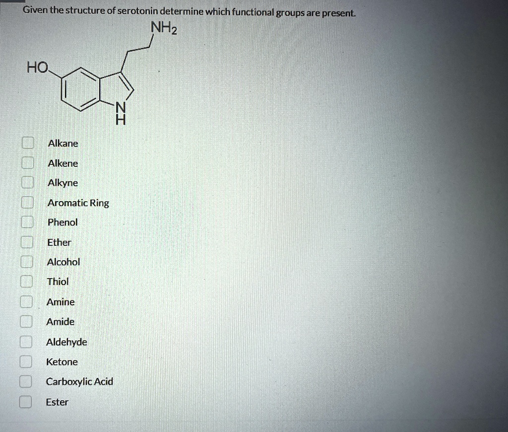 Given the structure of serotonin determine which functional groups are present. Alkane Alkene ...