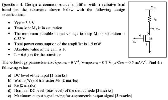Question 4: Design a common-source amplifier with a resistive load based on the schematic shown ...