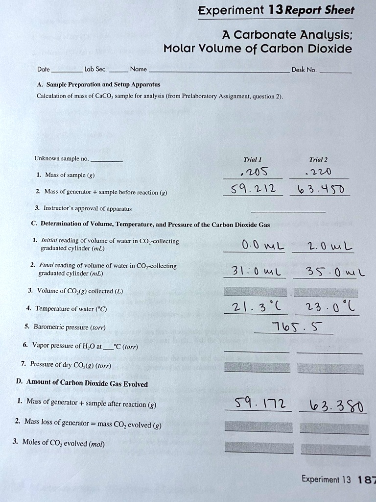 experiment 13 report sheet a carbonate analysis molar volume of carbon dioxide date lab sec name ...