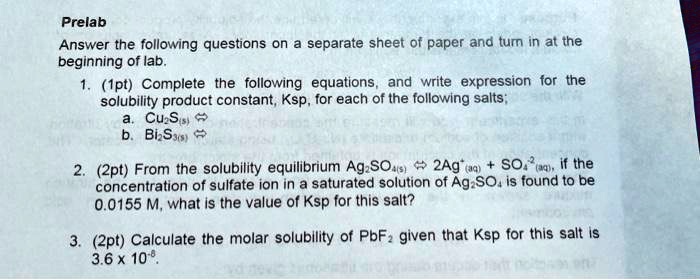 SOLVED: Prelab: Answer the following questions on a separate sheet of paper and turn it in at ...