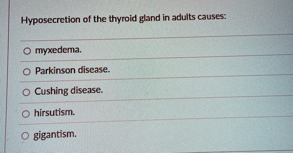 Hyposecretion of the thyroid gland in adults causes: O myxedema. O ...