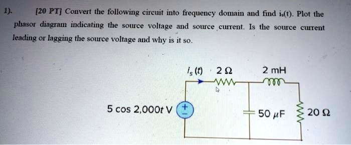 1). [20 PT] Convert the following circuit into frequency domain and find is(t). Plot the phasor ...