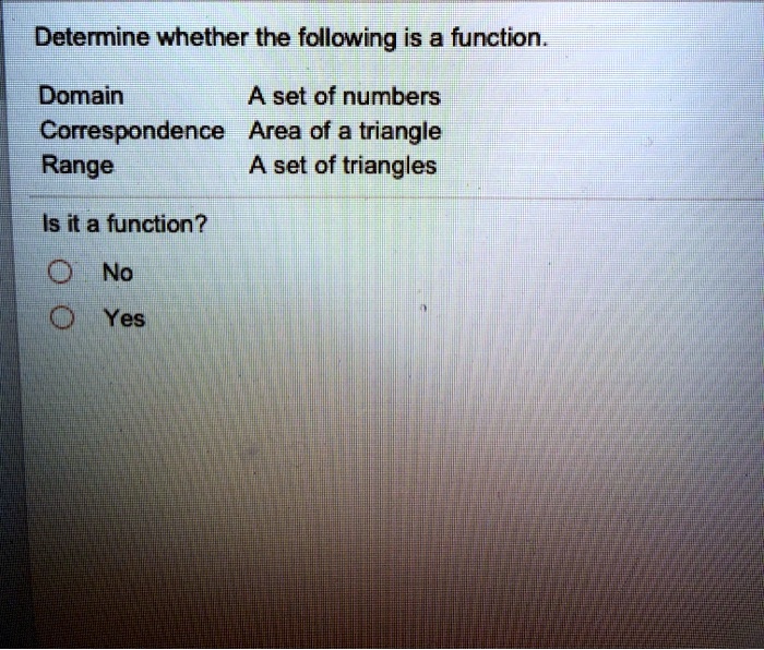 SOLVED: Determine whether the following is a function: Domain: A set of ...