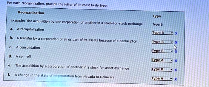for each reorganization provide the letter of its most likely type ...