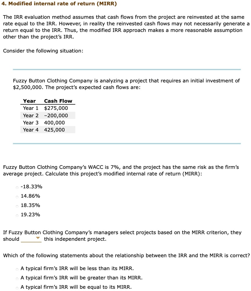 i need help with this question modified internal rate of return mirr the irr evaluation method ...
