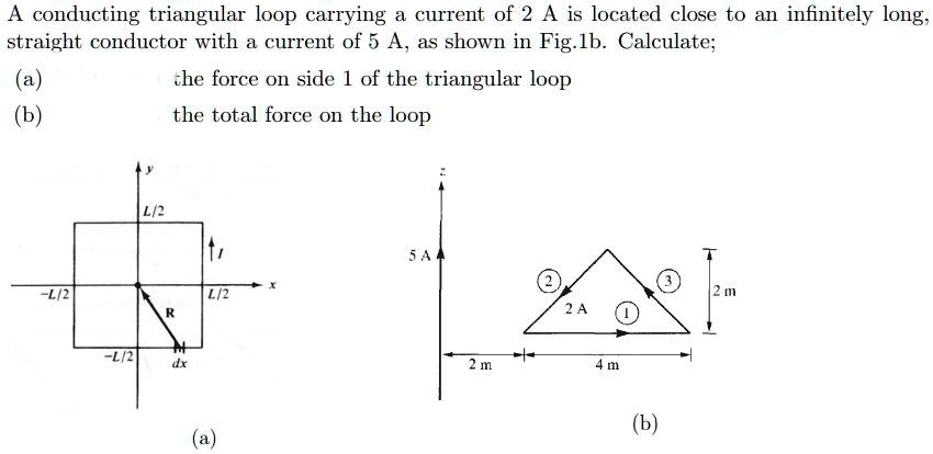 SOLVED: A conducting triangular loop carrying a current of 2 A is located close to an infinitely ...