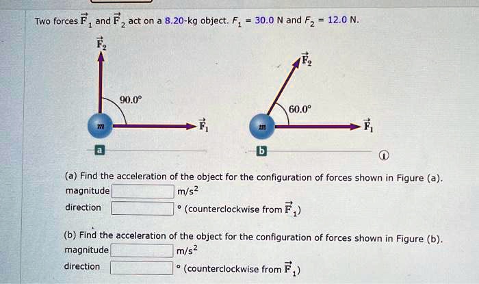 Solved Two Forces F And F Act On A 8 20 Kg Object F1 30 0 M And 12 0 N 90 08 60 09 A Find