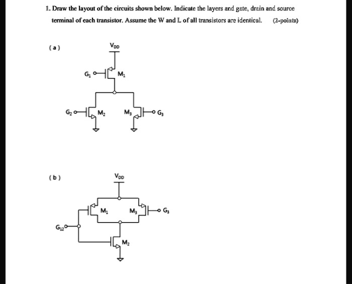 1. Draw the layout of the circuits shown below. Indicate the layers and gate, drain and source ...