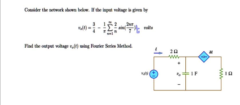 Consider the network shown below. If the input voltage is given by vs(t) = (3)/(4) - (1)/(π)∑n=1 ...