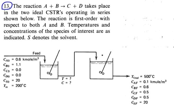 13. The reaction A + B ? C + D takes place in the two ideal CSTR's operating in series shown ...