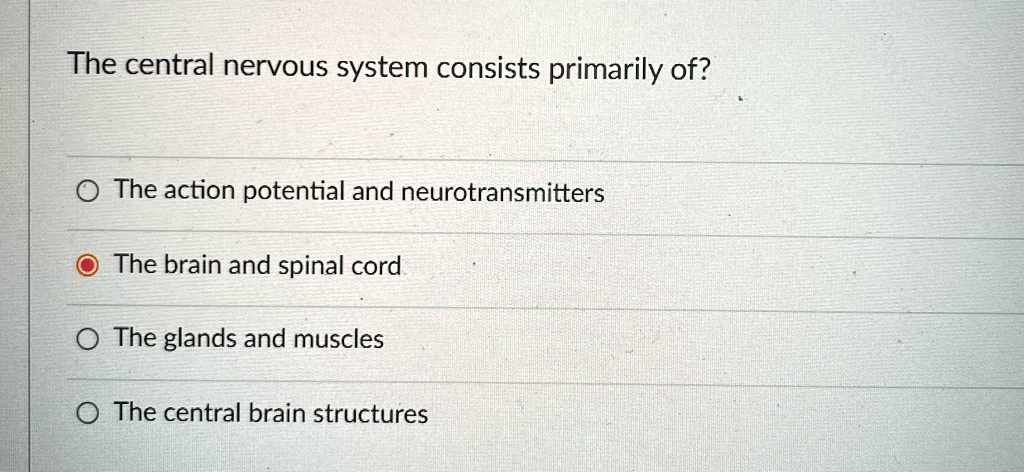 The central nervous system consists primarily of? The action potential ...