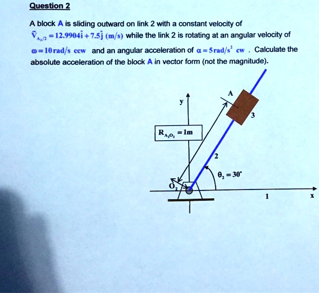 SOLVED: Absolute acceleration Machinery Question 2 A block A is sliding outward on link 2 with a ...