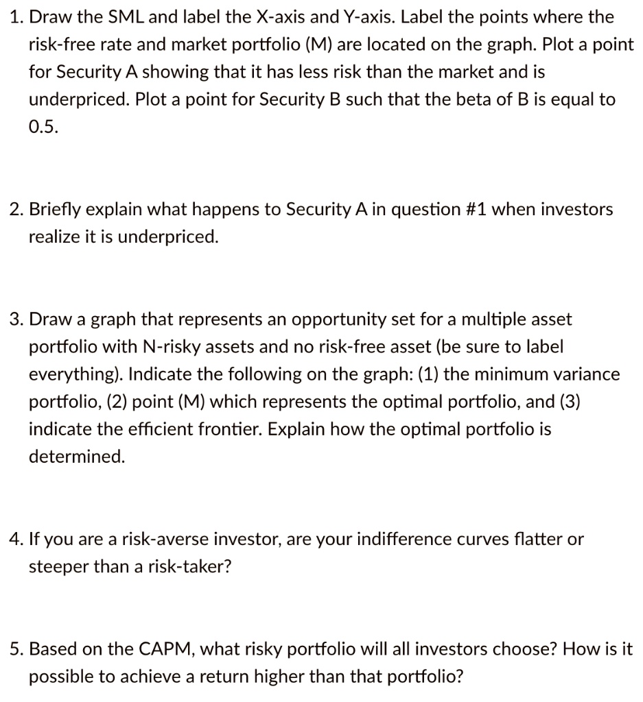 SOLVED: 1. Draw the SML and label the X-axis and Y-axis. Label the points where the risk-free ...