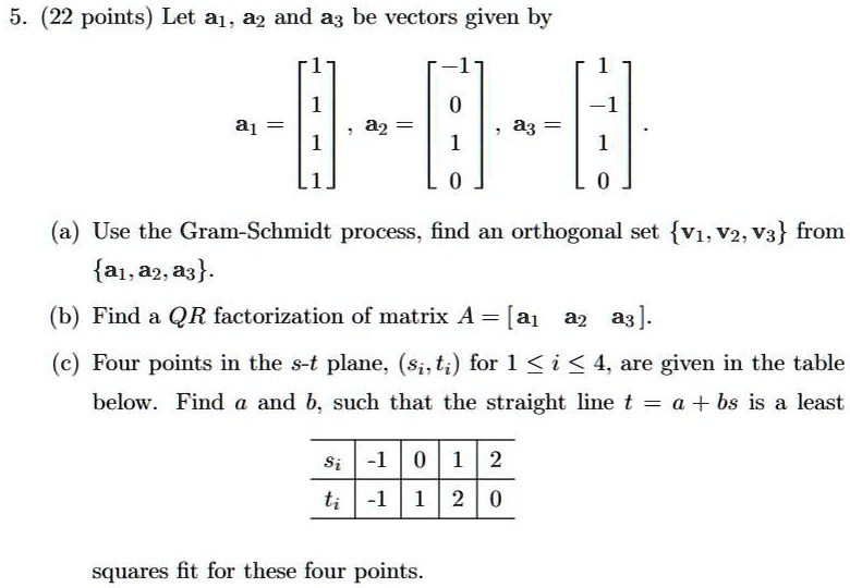 SOLVED: (22 points) Let an. a2 and a3 be vectors given by a1 a2 a3 Use the Gram-Schmidt process ...
