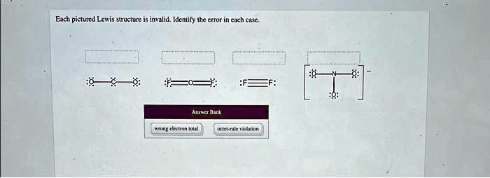 Each pictured Lewis structure is invalid. Identify the error in each case. 88 F F- Answer Bank ...