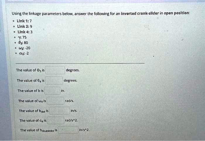 SOLVED: Texts: Using the linkage parameters below, answer the following for an inverted crank ...